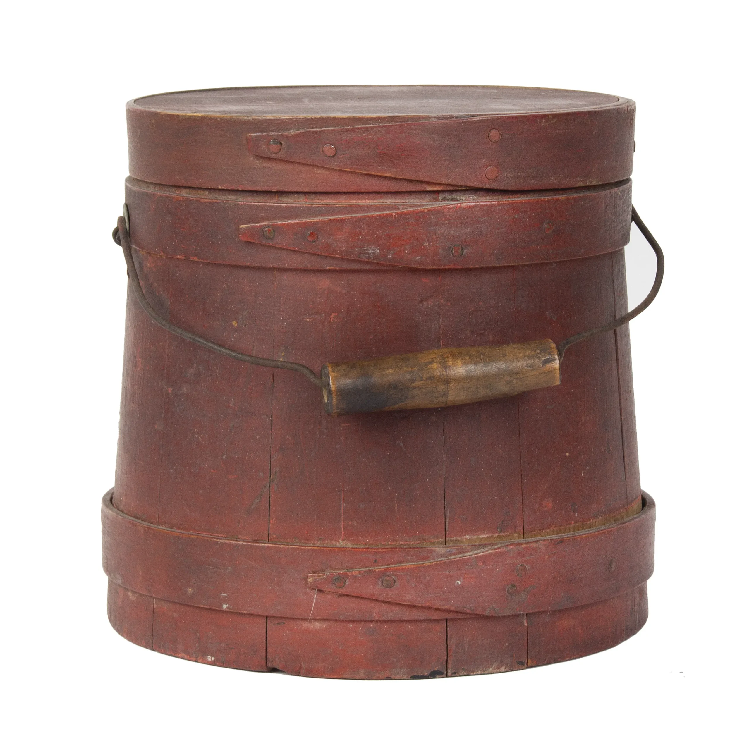 Small Bail-Handle Sugar Bucket, Red Painted Lidded Firkin